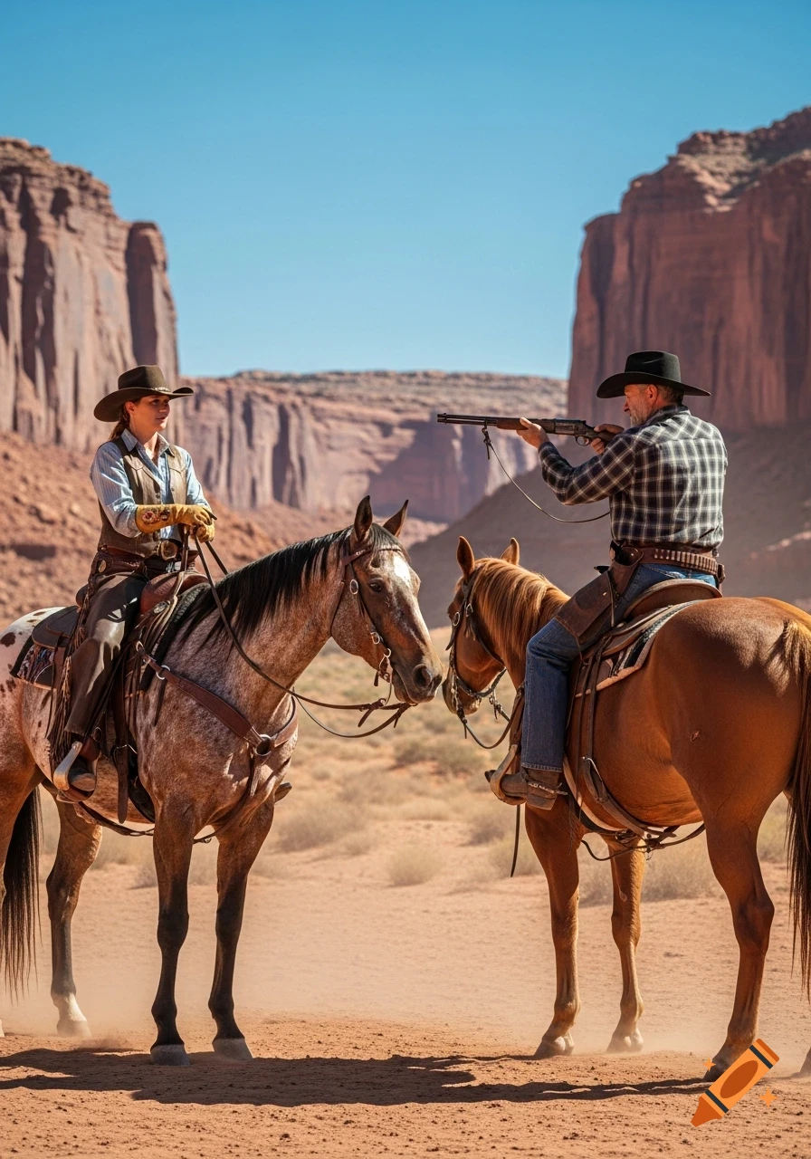 A cowboy on a horse points a rifle at a cowgirl on her horse in a dusty ...