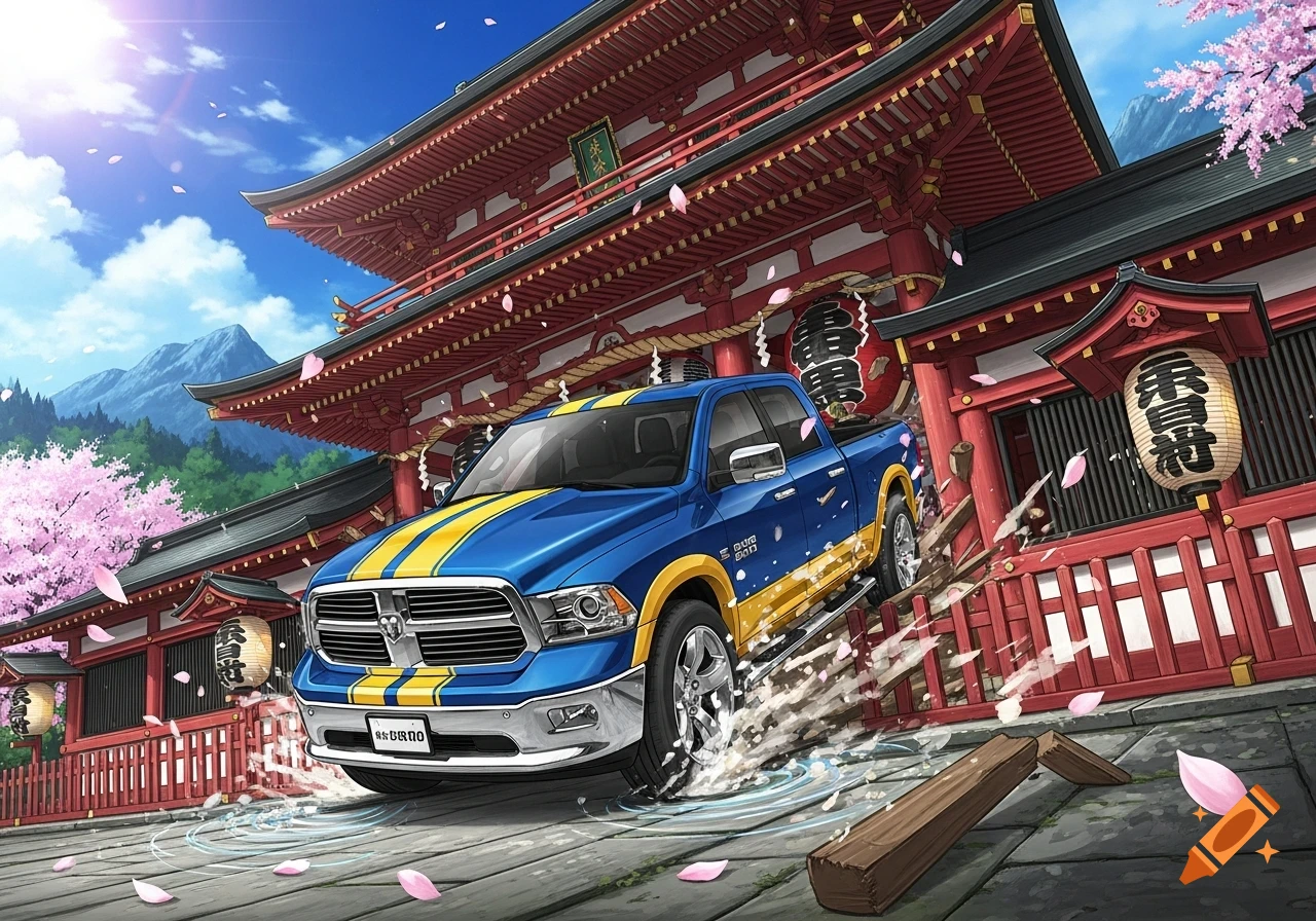 An anime-style illustration of a blue Dodge Ram pickup truck with ...