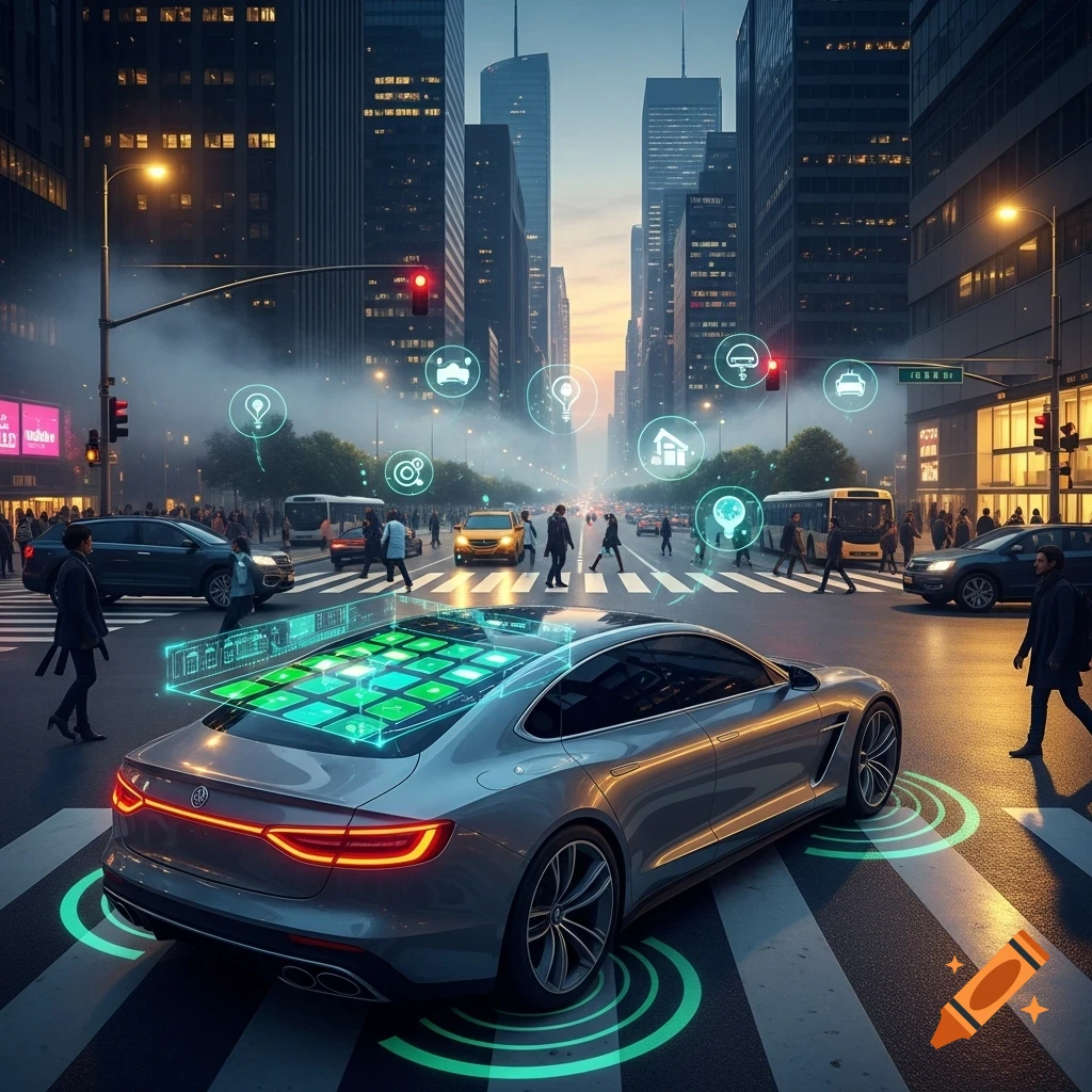 A futuristic silver autonomous car at a crosswalk in a busy ...
