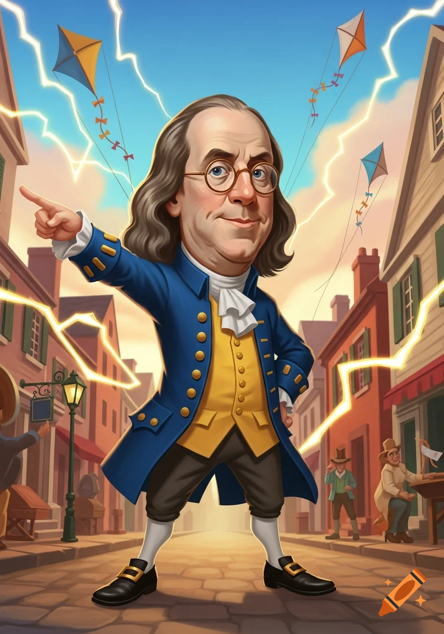 Cartoon Benjamin Franklin points in a colonial street with kites and ...