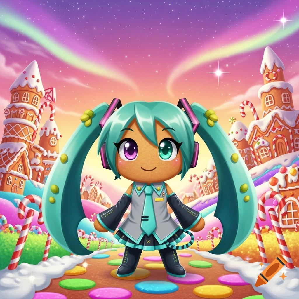 A cute, chibi-style Hatsune Miku cookie character stands in a vibrant ...