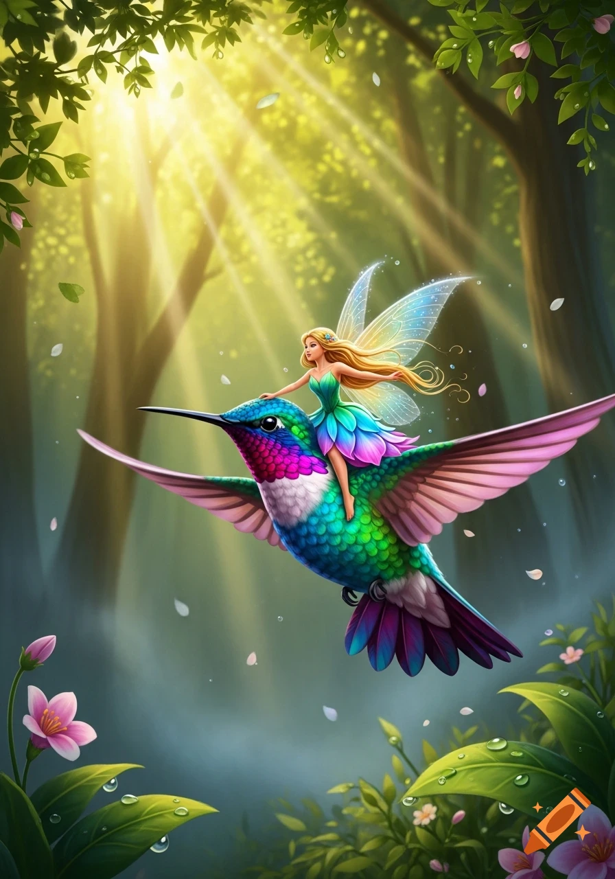 A blonde fairy with shimmering wings rides a colorful hummingbird ...