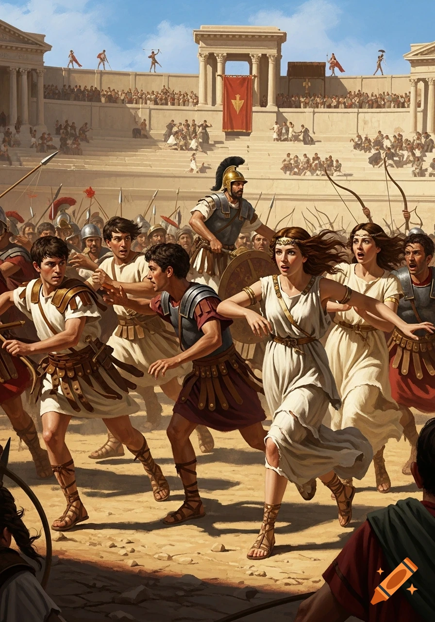An epic Roman scene depicts the abduction of the Sabine women, with ...