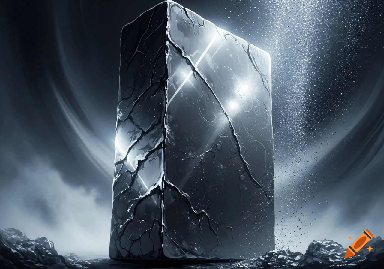 A large, dark, cracked metallic monolith with reflective surfaces ...