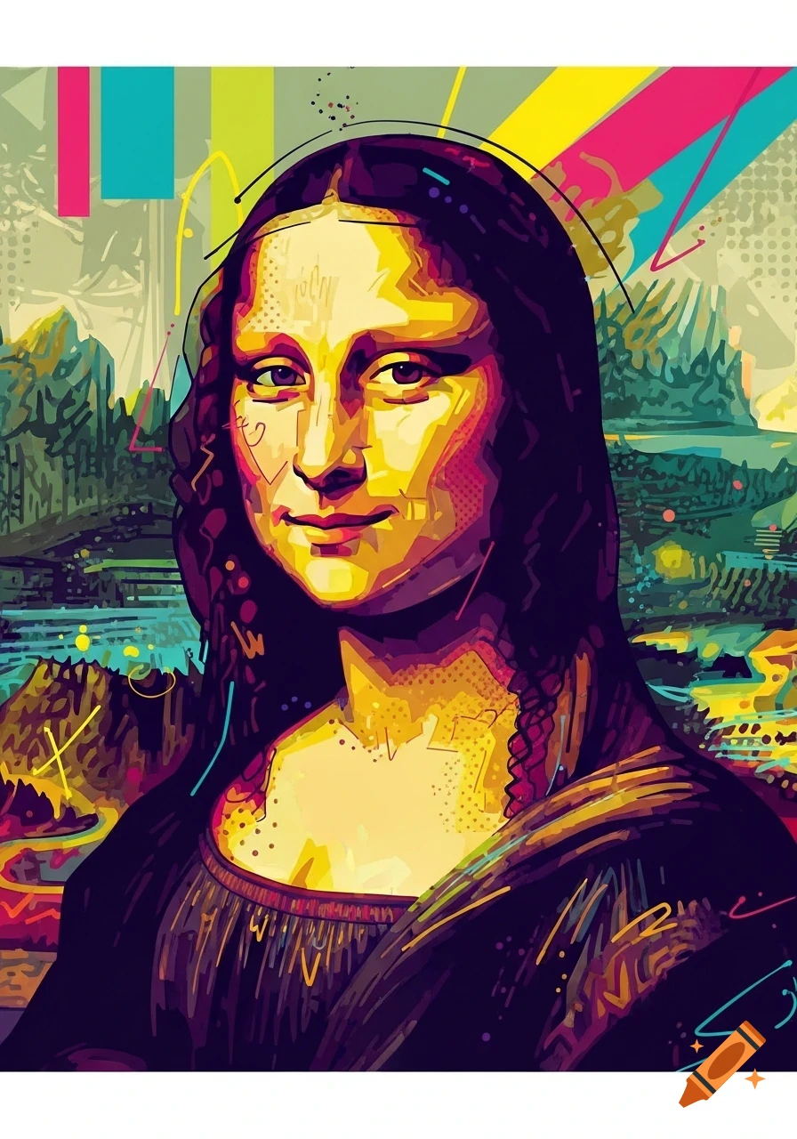 A vibrant pop art style portrait of the Mona Lisa with bold outlines ...