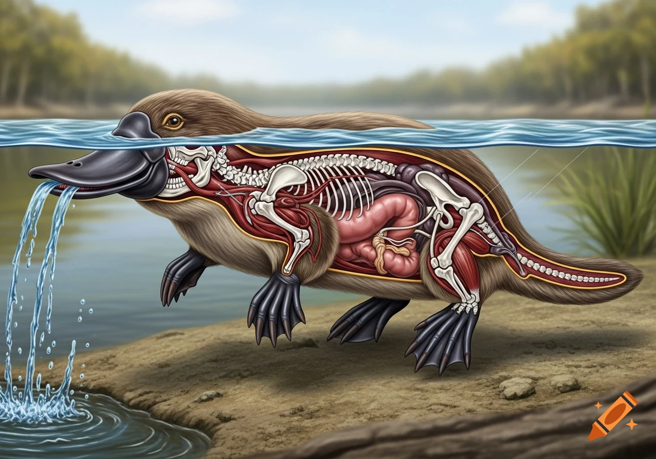 Anatomy diagram of a platypus, half submerged in a river, showing its ...