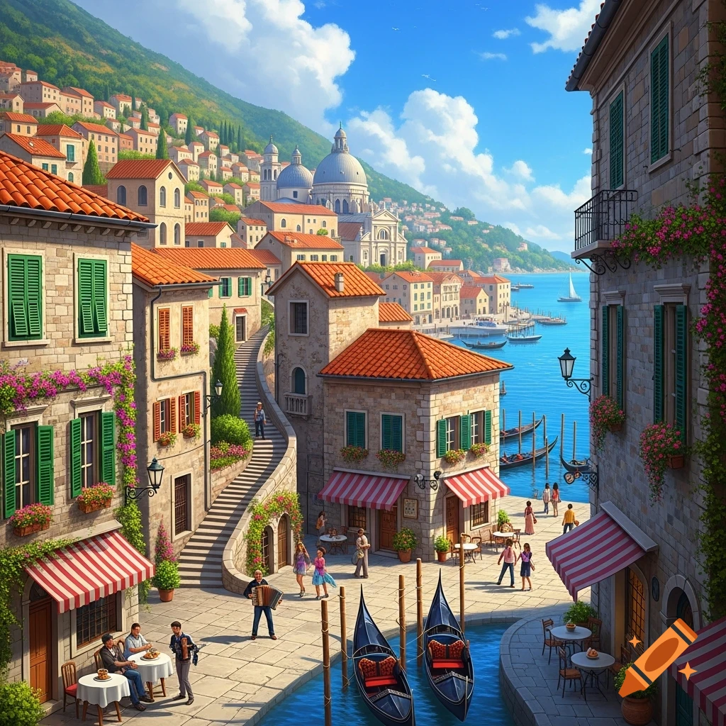 A vibrant, idyllic Italian city with terracotta-roofed buildings ...