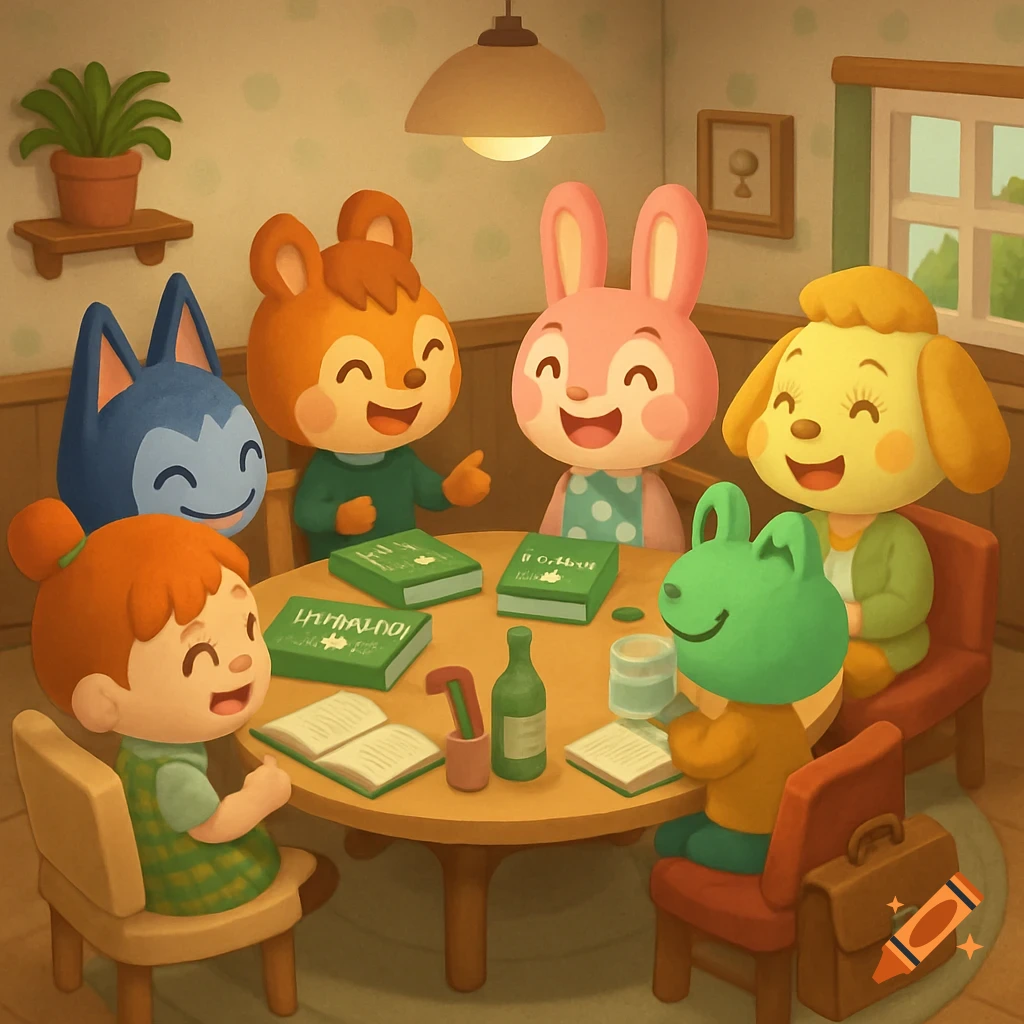 Animal Crossing-style characters and a child gather around a table with ...