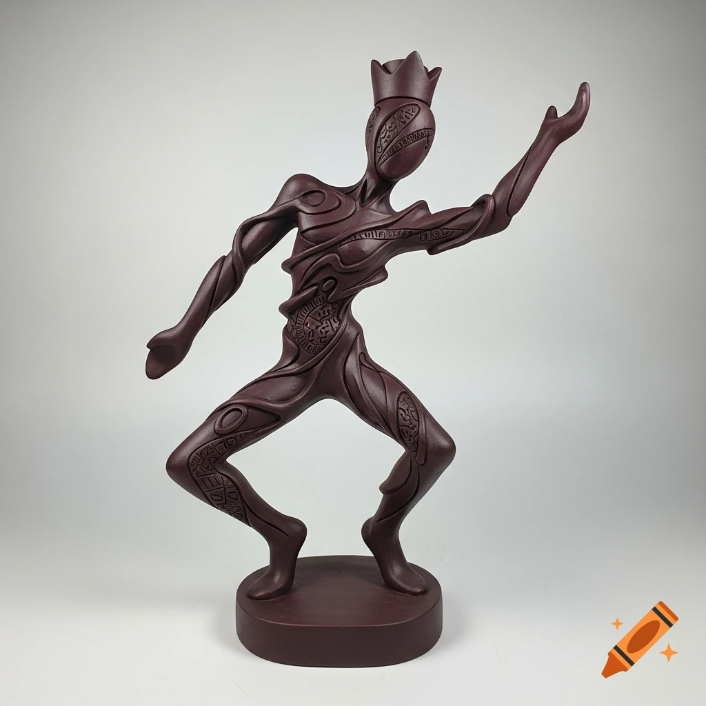A modern surreal sculpture of a distorted human figure in a dynamic ...