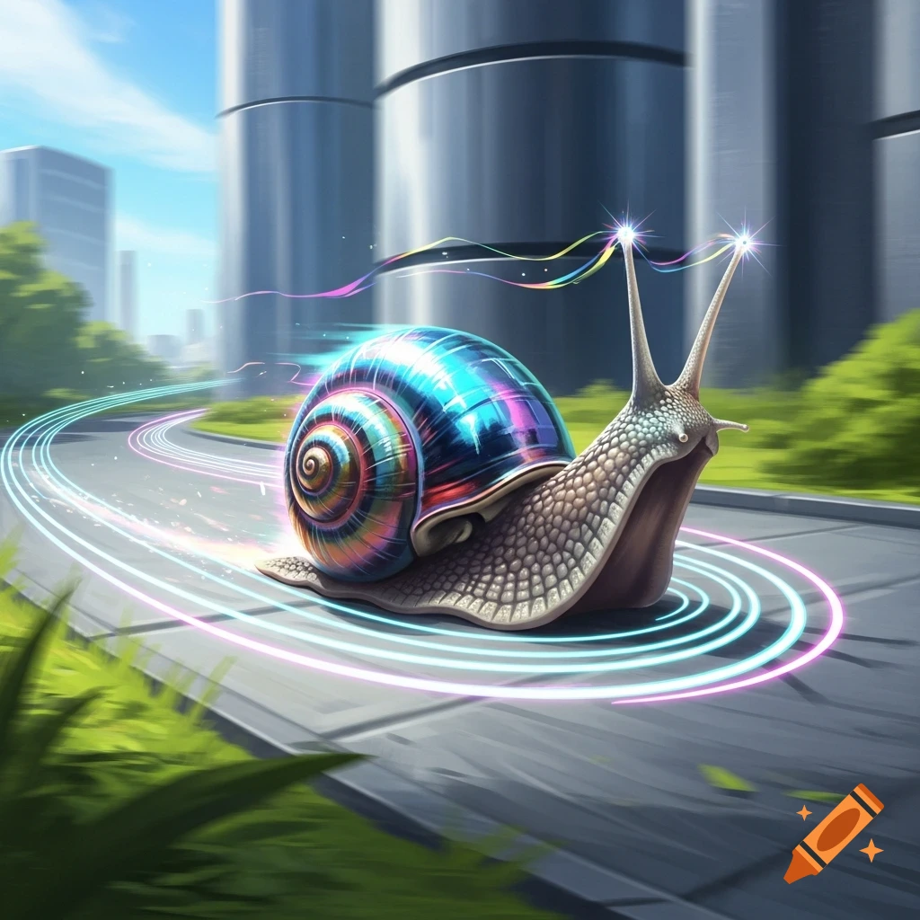 A vibrant, futuristic snail with a glowing, iridescent shell speeds ...