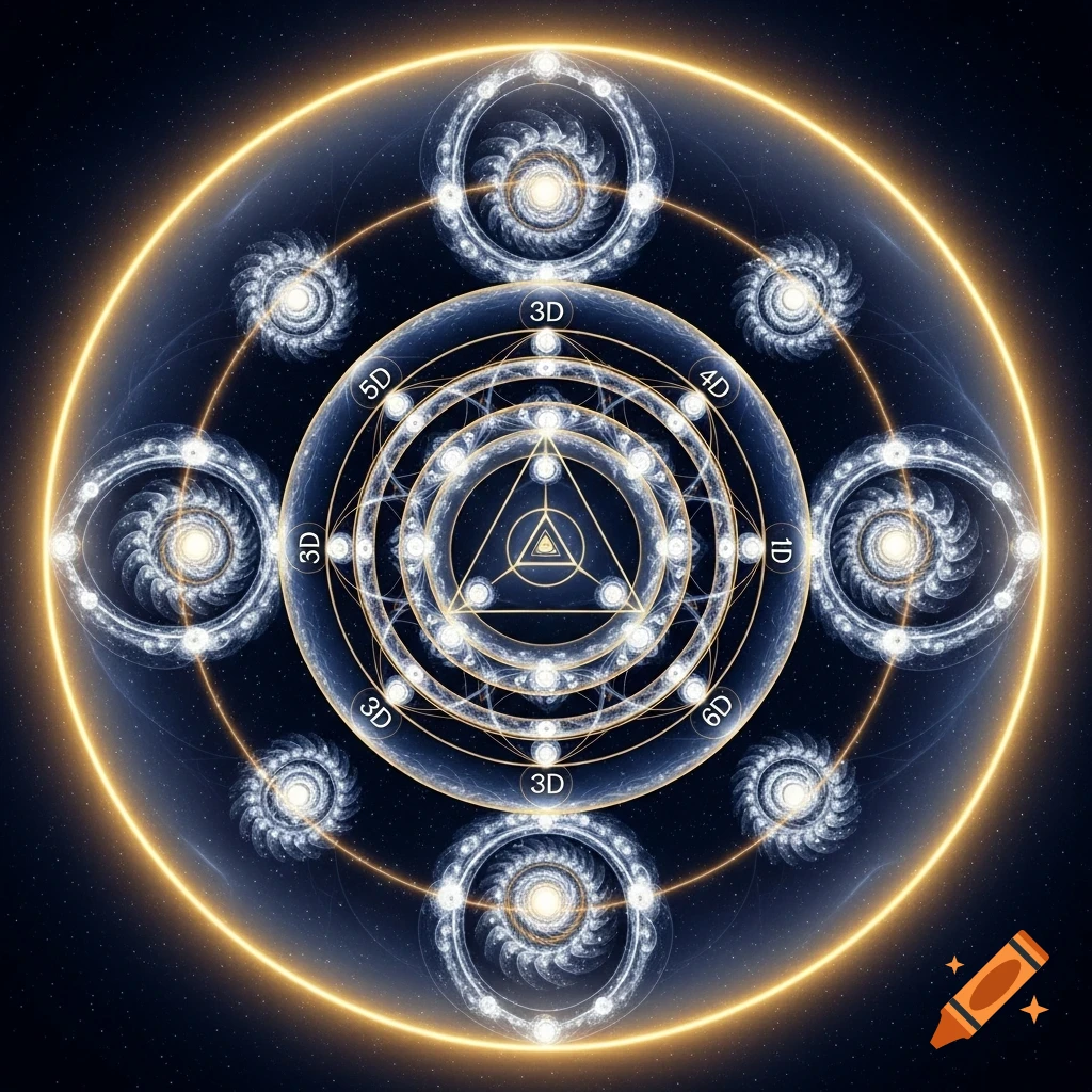 A glowing blue and gold geometric sigil with concentric circles ...