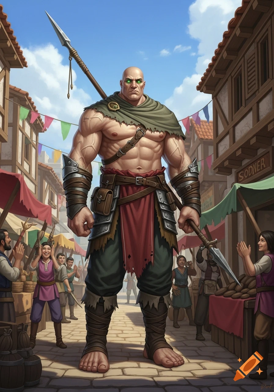 A massive, bald Goliath paladin with green eyes and a spear stands in a ...