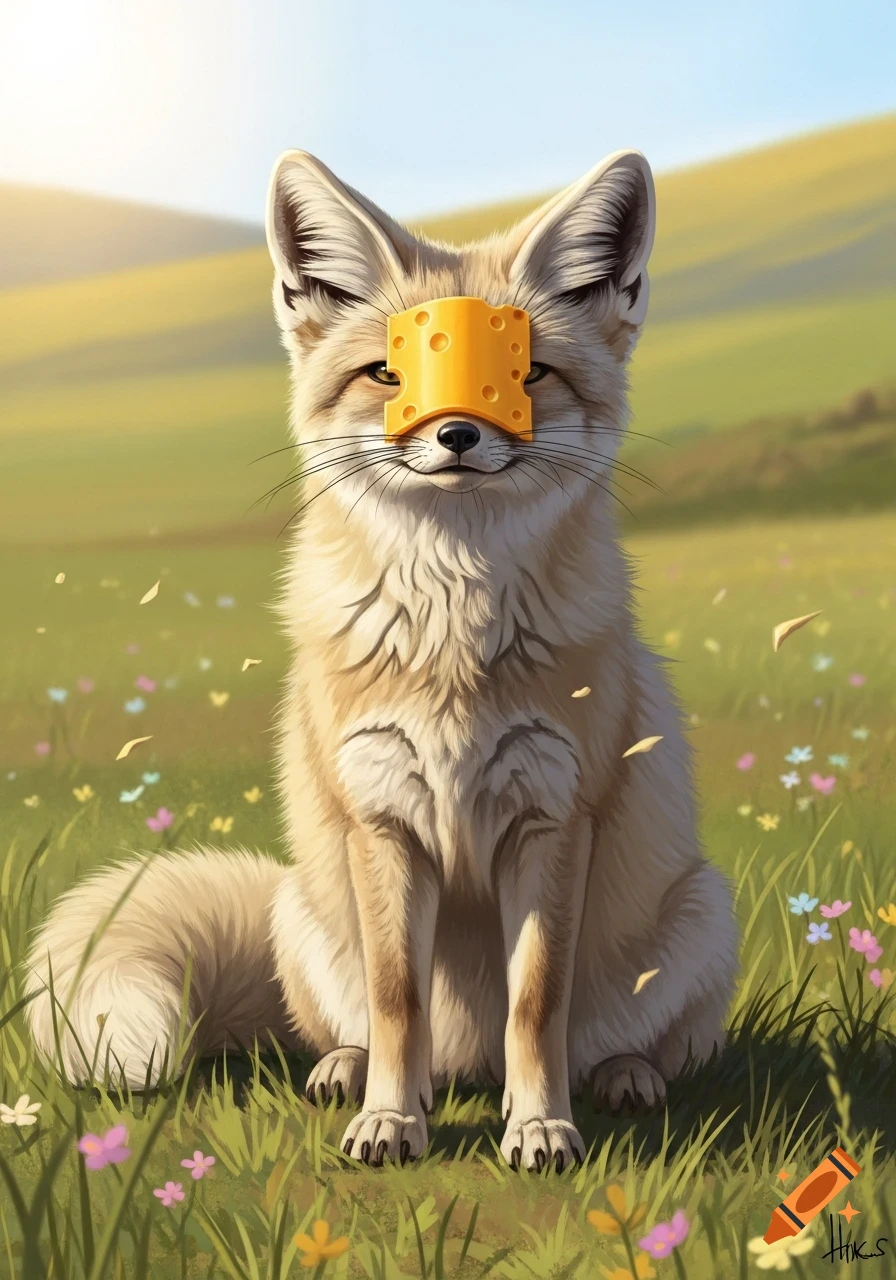 A cream-colored fox with large ears sits in a sunny grassy field, a ...