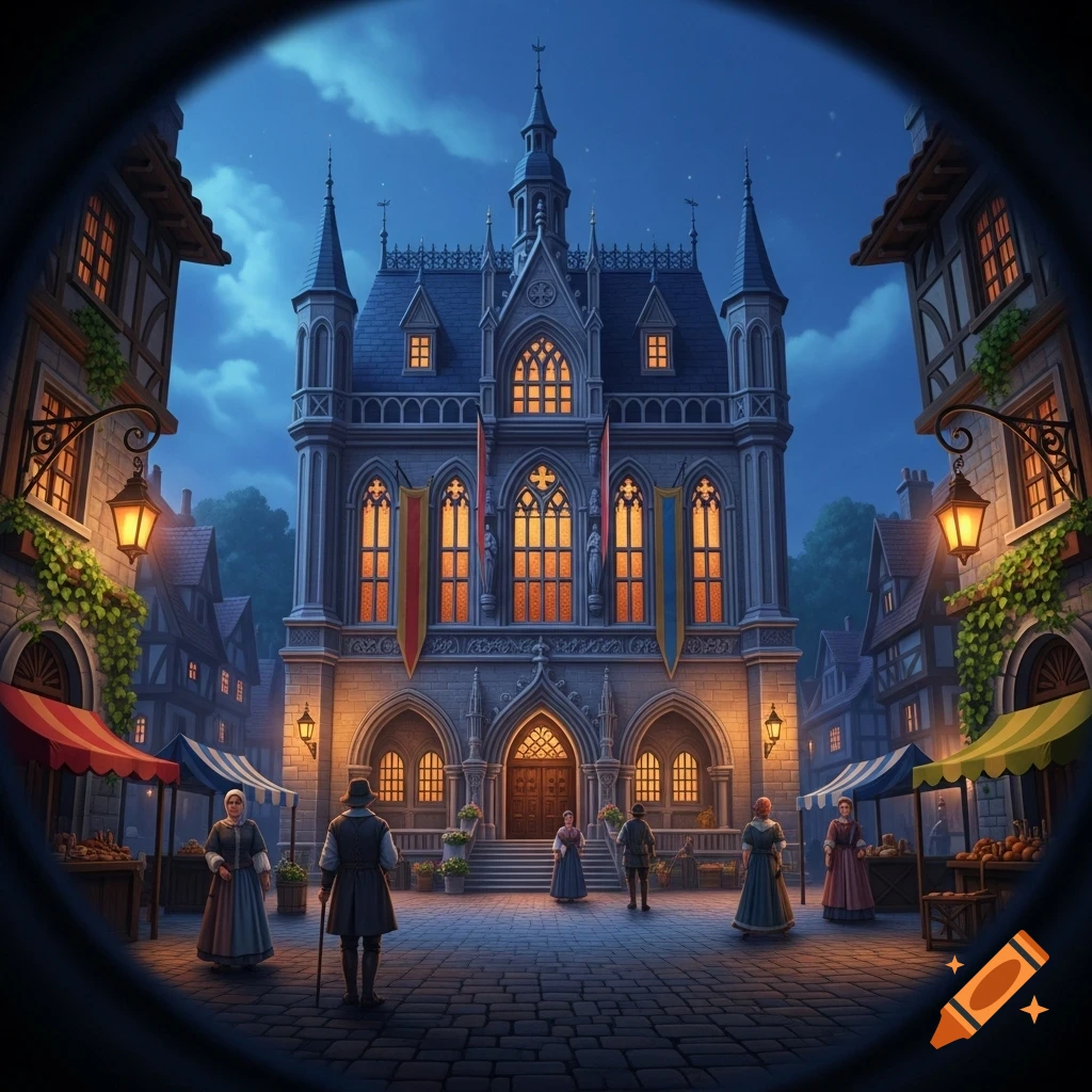 A night view of a medieval town square with a grand gothic-style town ...