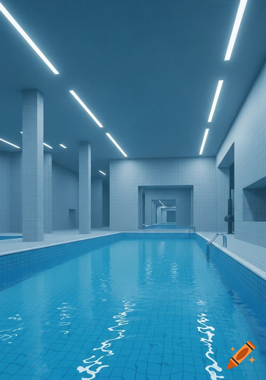 An empty indoor swimming pool room with blue tiles, overhead strip ...