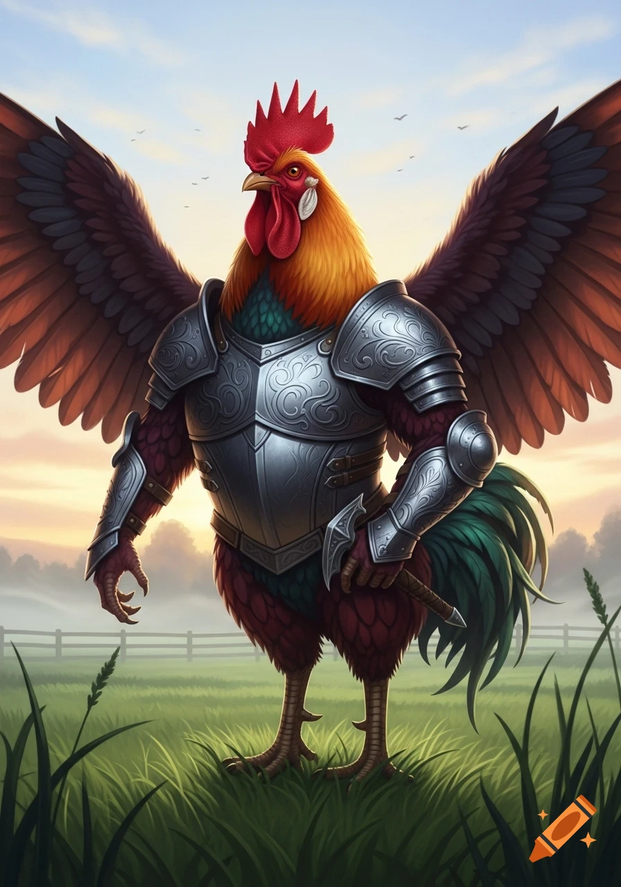 A majestic warrior rooster with red comb and tail feathers, wearing ...
