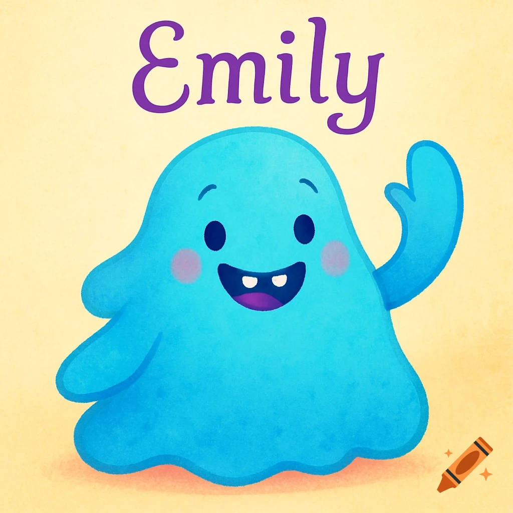 A friendly blue blob cartoon character with a happy face, waving. The ...