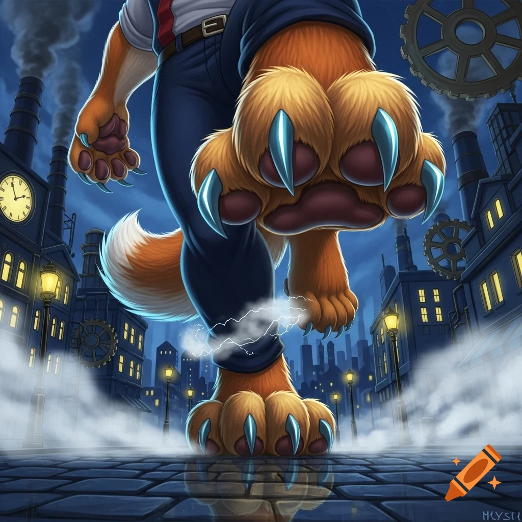 Massive anthropomorphic fox feet stomp on a cobblestone street in a ...
