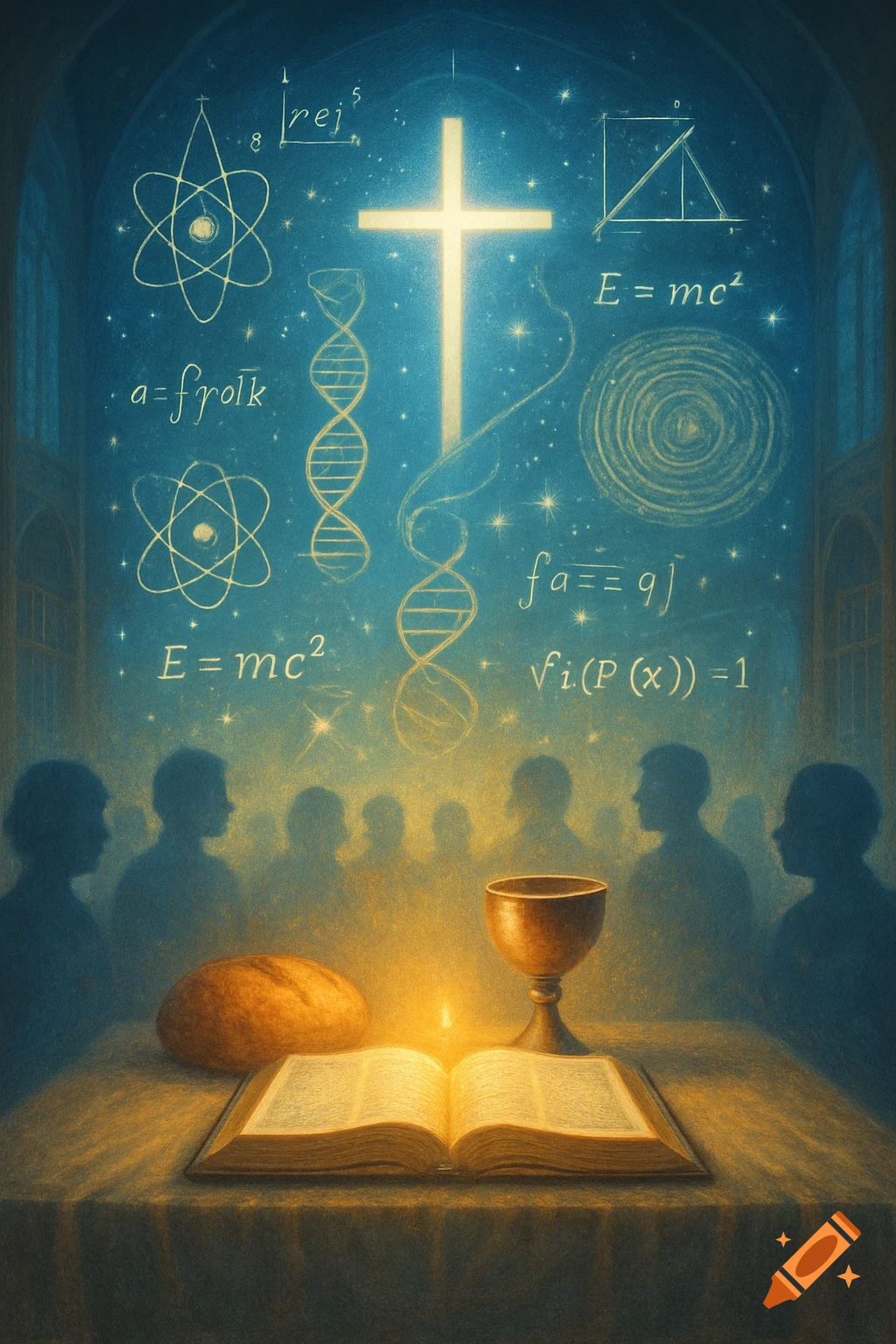 An ethereal scene blending Christian and scientific symbols, featuring ...