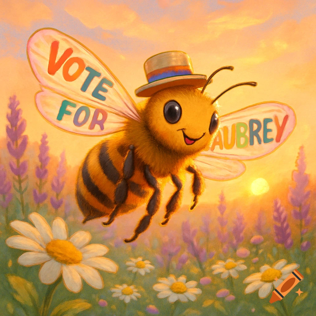 A whimsical cartoon bee with a hat and "VOTE FOR AUBREY" on its wings ...