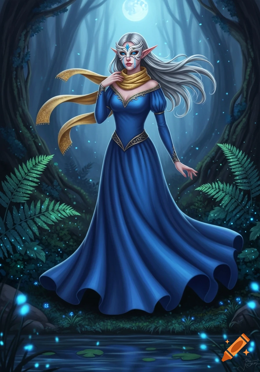 A white-haired elf in a blue dress, golden scarf, and white mask with a ...