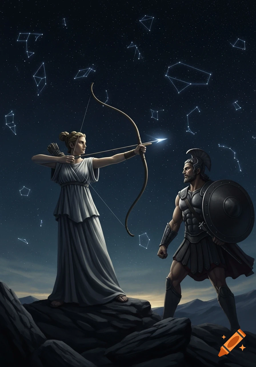 Artemis aims a glowing arrow at Orion on a rocky outcrop under a starry ...
