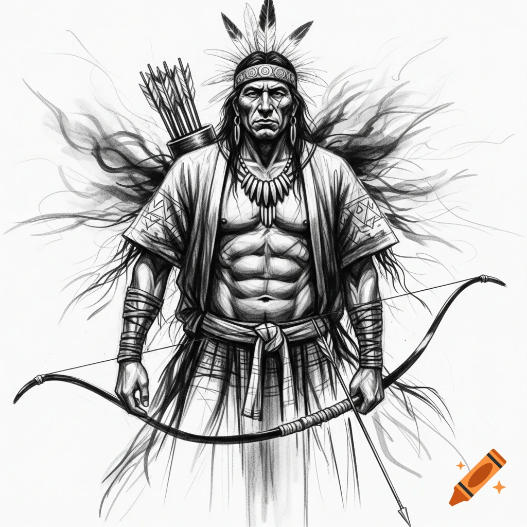 Charcoal sketch of a muscular Indigenous warrior with a feathered ...