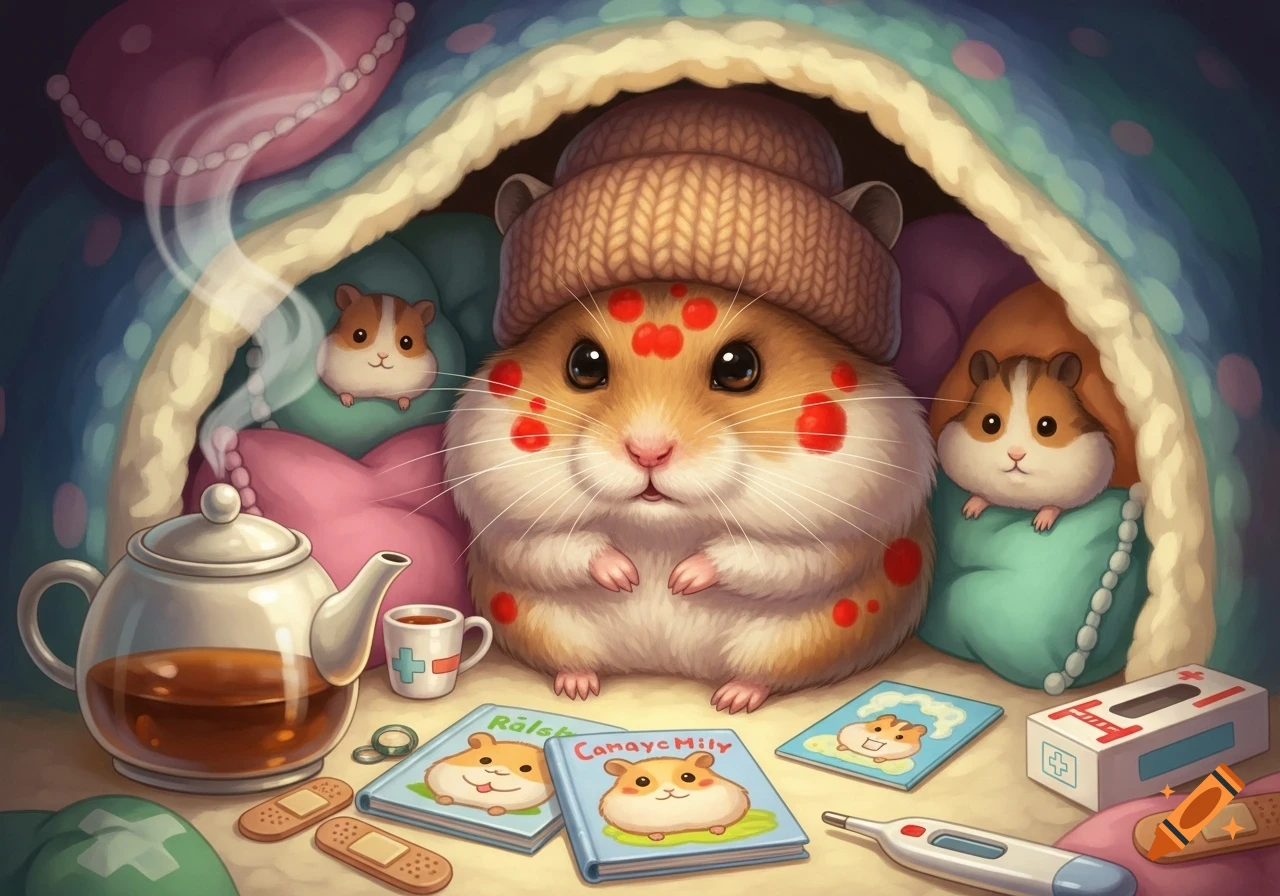 A fluffy hamster with red spots and a knitted hat sits under a blanket ...
