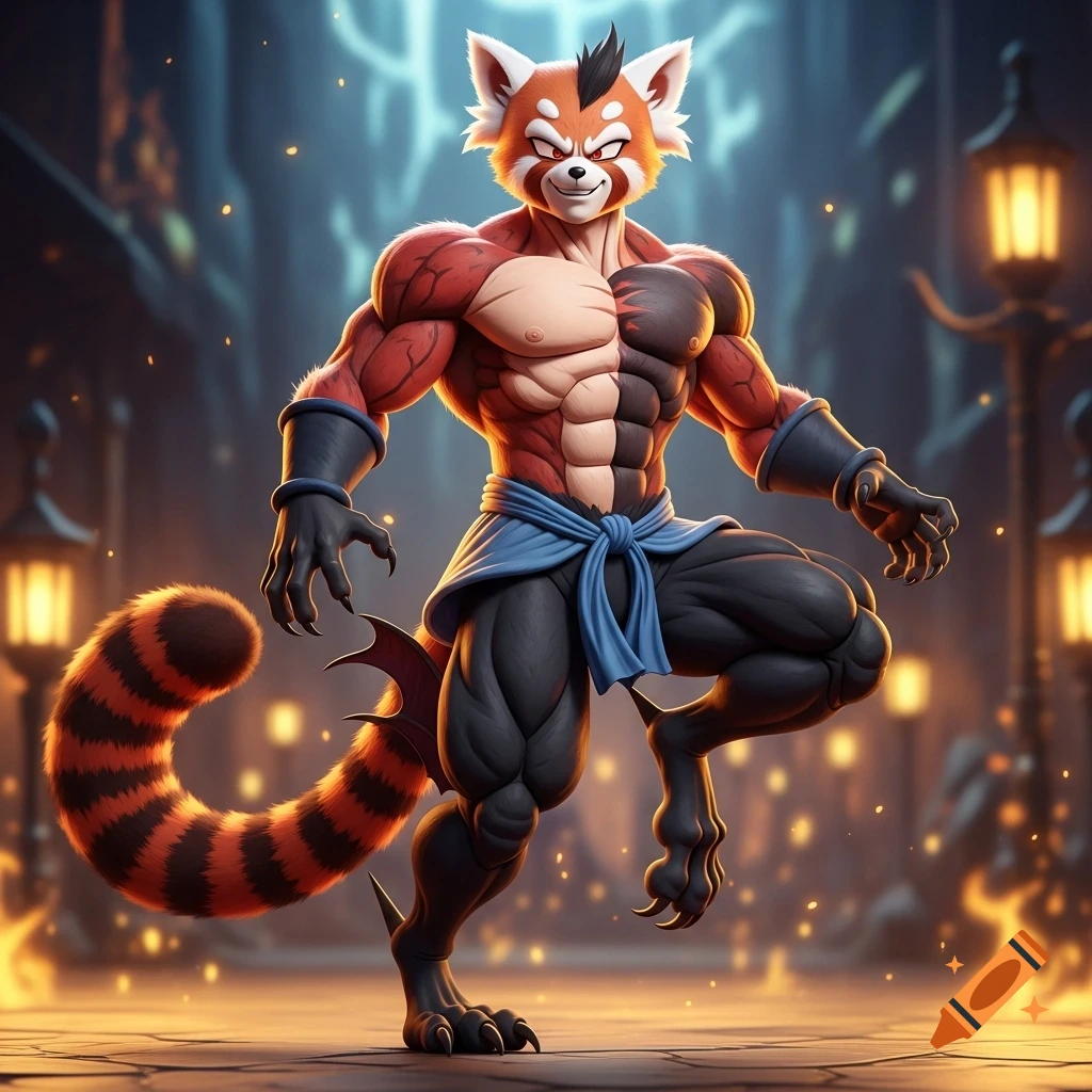 Muscular anthropomorphic red panda demon with spiky tail, blue sash ...