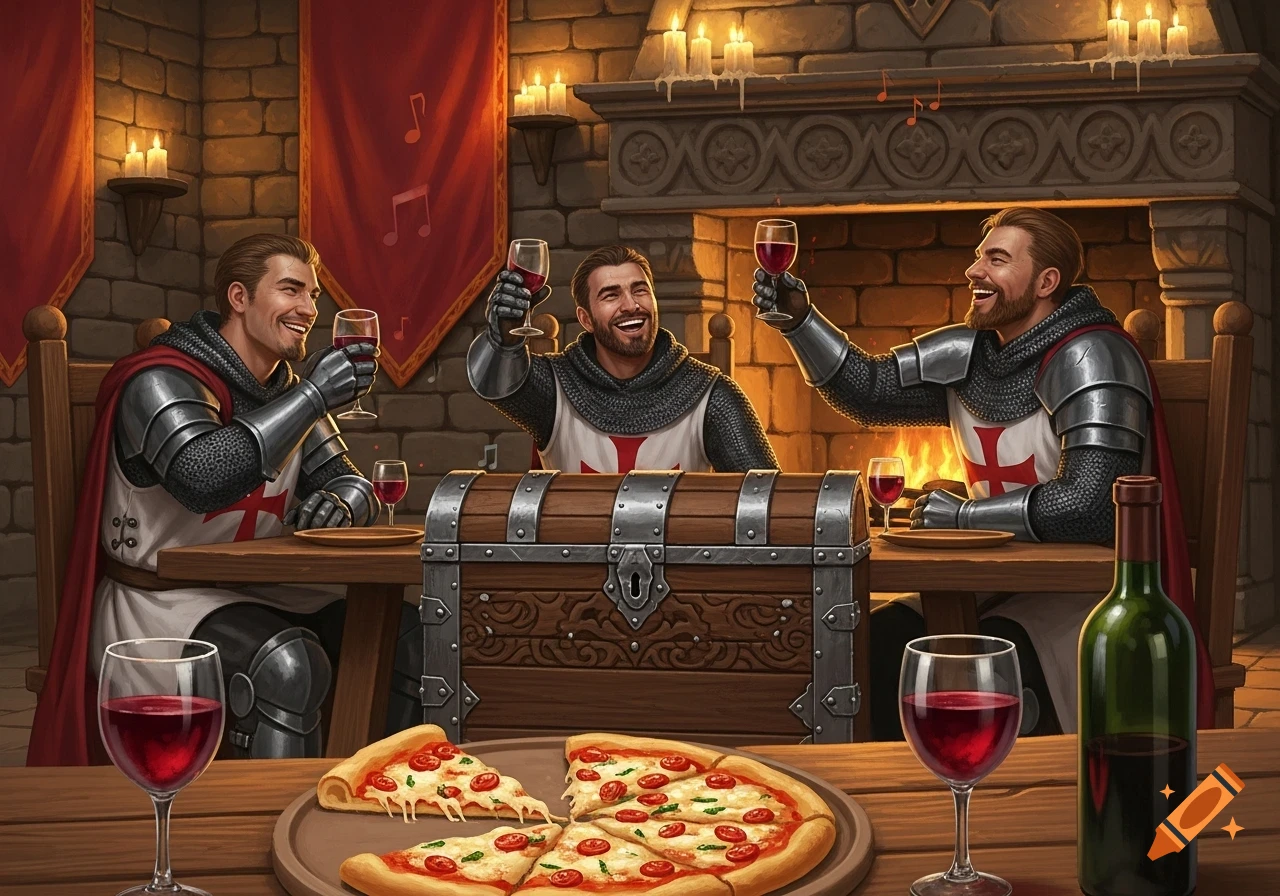 Three knights in armor laugh and toast with red wine, enjoying pizza at ...