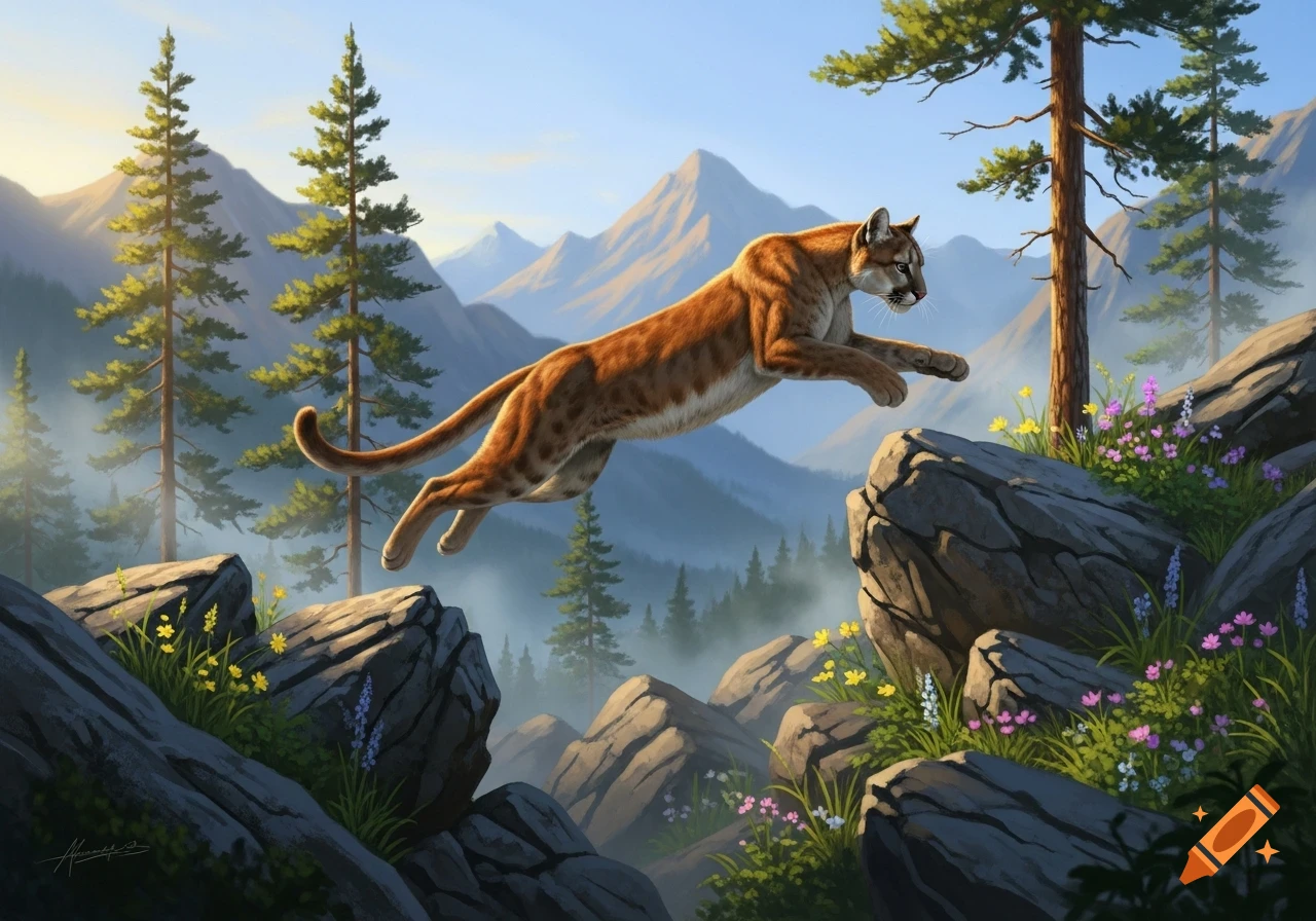 A brown puma leaps across two rocks in a vibrant mountain landscape ...