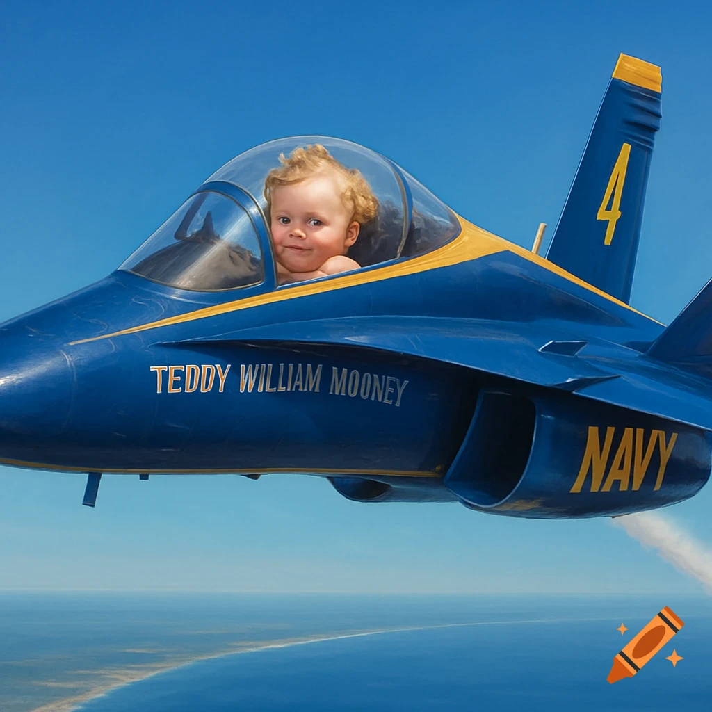 A baby with curly blonde hair smiles from the cockpit of a blue and ...