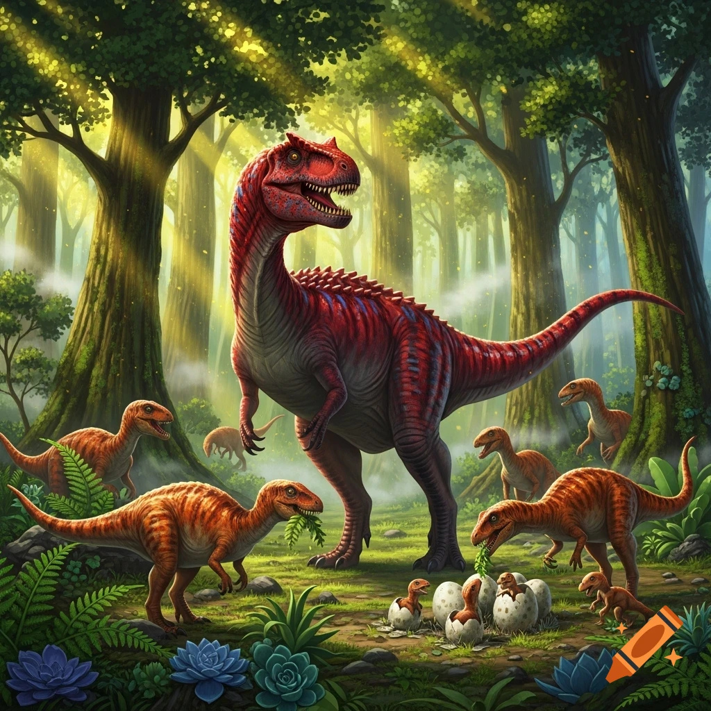 A large red dinosaur and several smaller orange dinosaurs are in a ...
