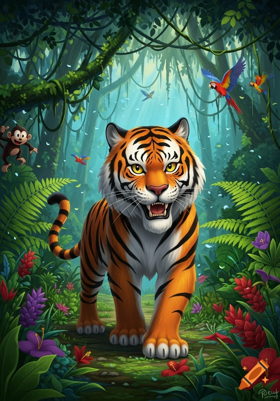 A stylized cartoon tiger walks through a lush jungle, with a monkey on ...