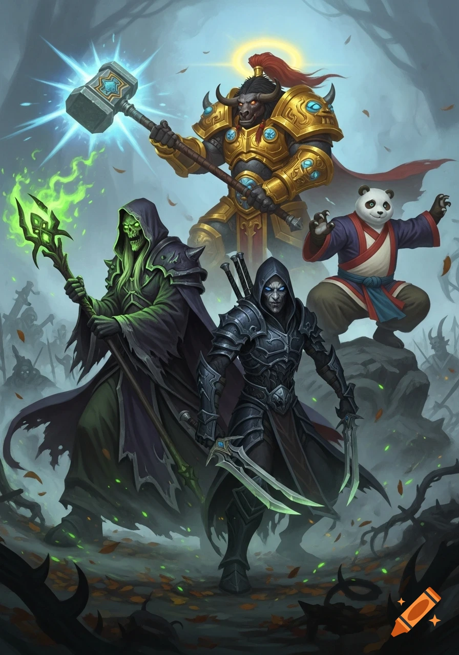 Stylized fantasy art depicting a Tauren Paladin, Undead Mage, Undead ...