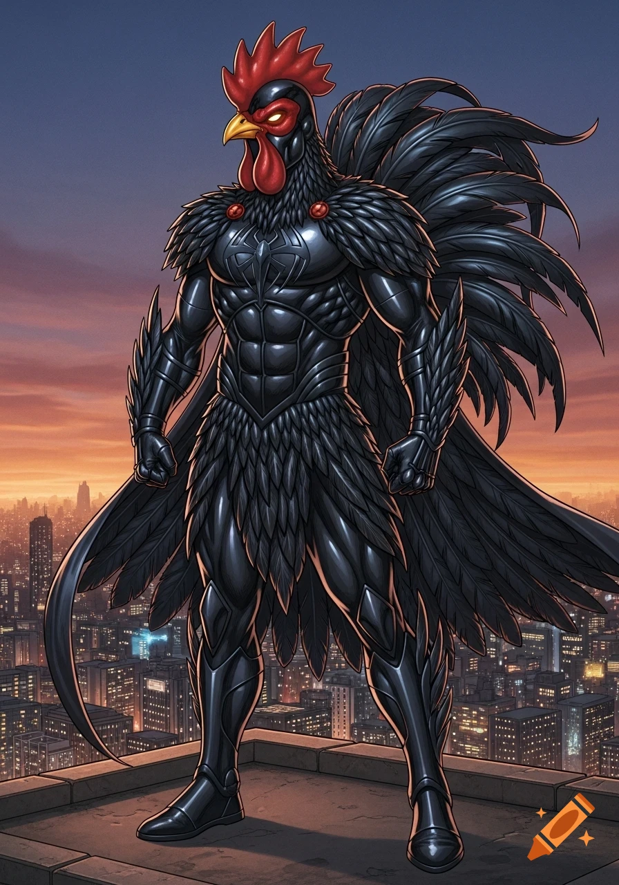 A black rooster-themed superhero in glossy feather armor and a comb ...