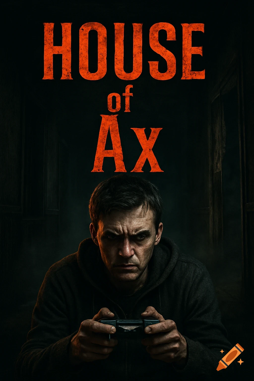 A man with an intense expression holds a game controller in a dark ...