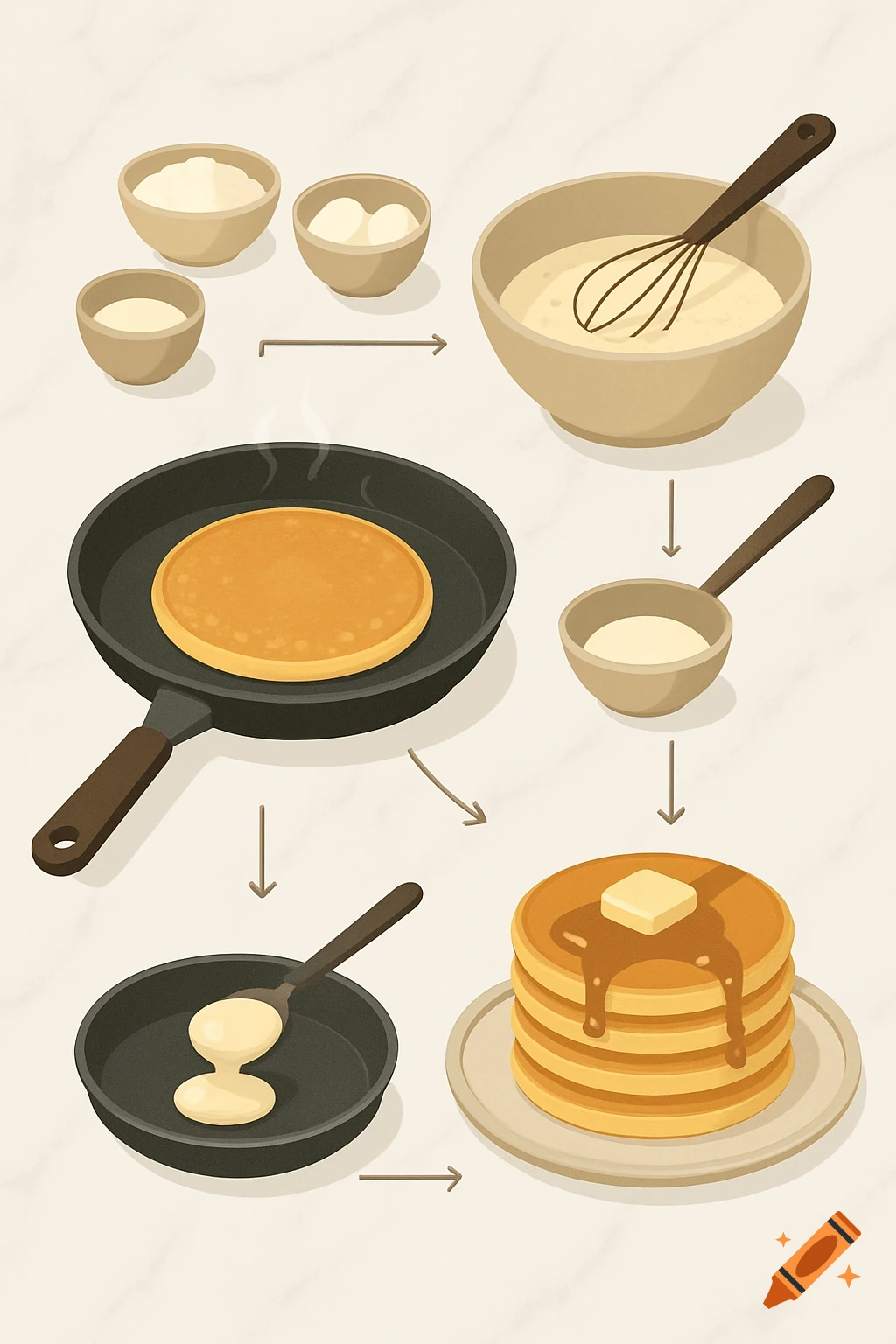 An illustrated diagram showing the steps to make pancakes, from ...