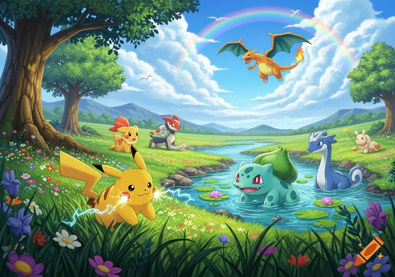 Pikachu, Bulbasaur, Charizard, and other Pokémon play in a vibrant ...