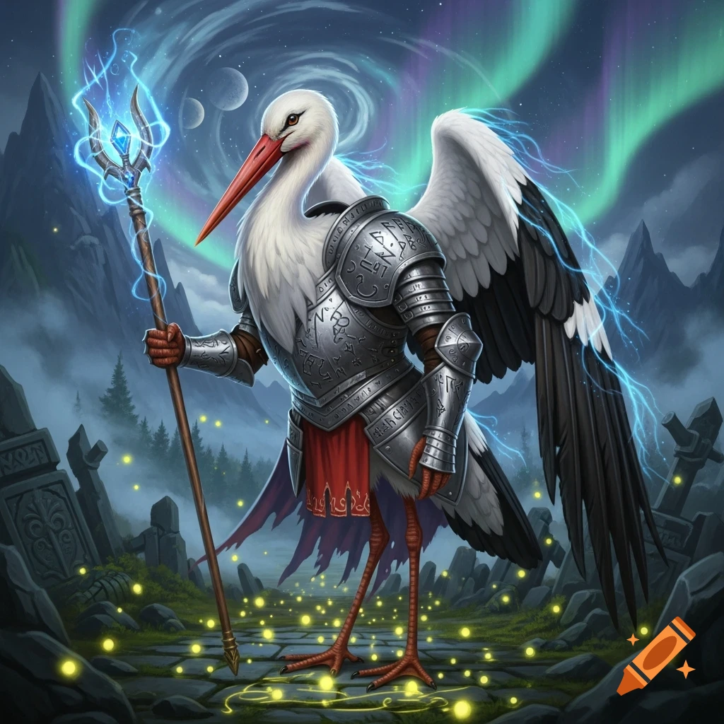 Armored stork paladin with a glowing staff walks on a magical path ...
