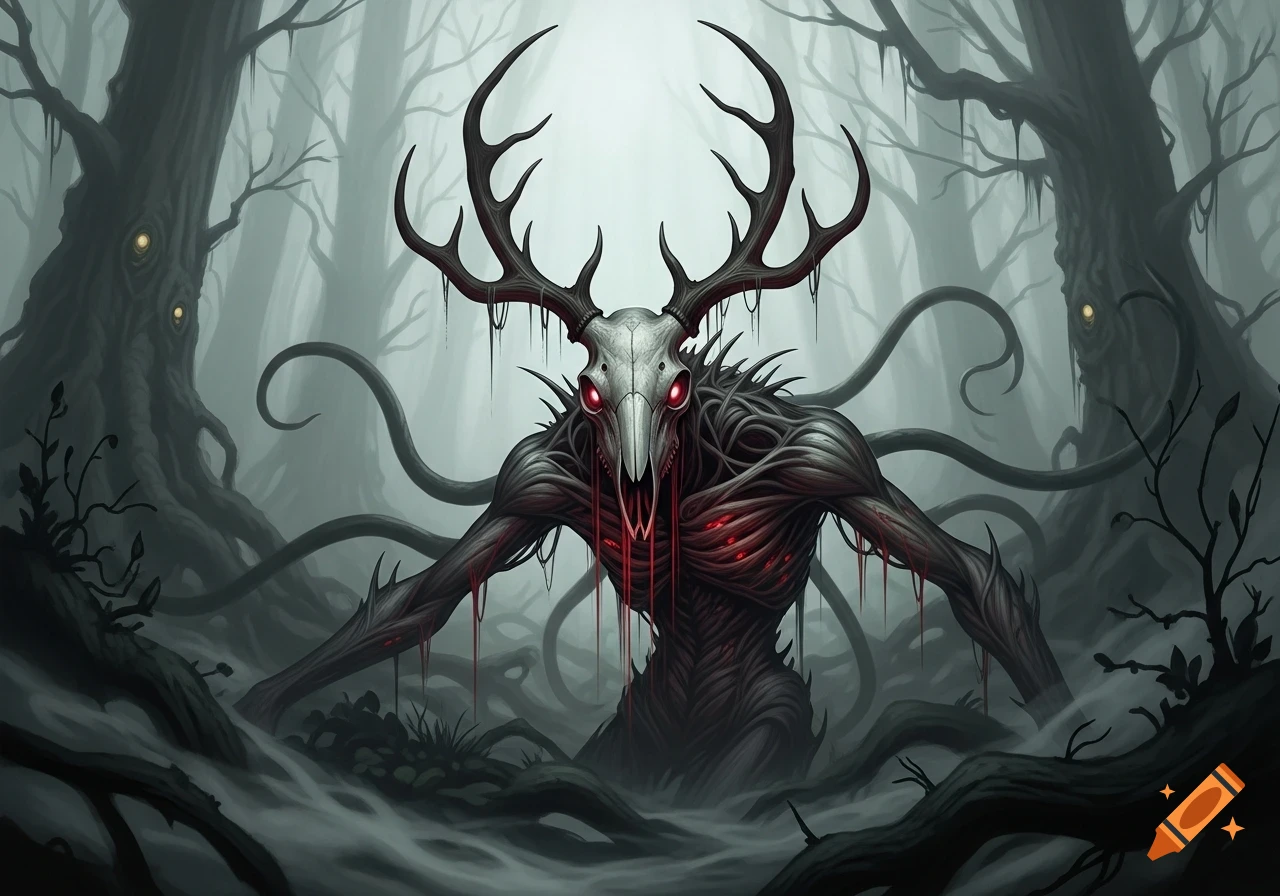 A terrifying horror creature with a deer skull for a head, glowing red ...