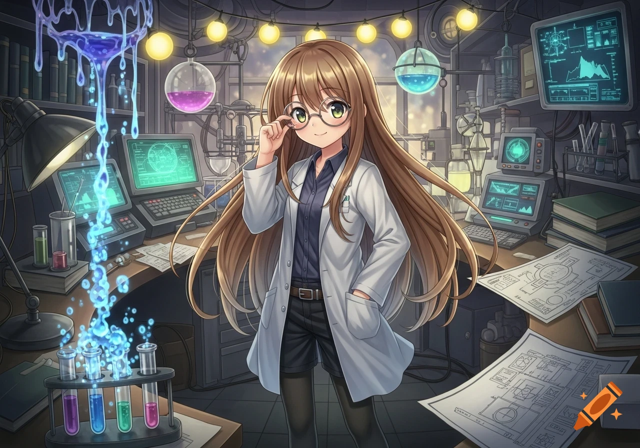 An anime scientist with long brown hair and glasses stands in a vibrant ...