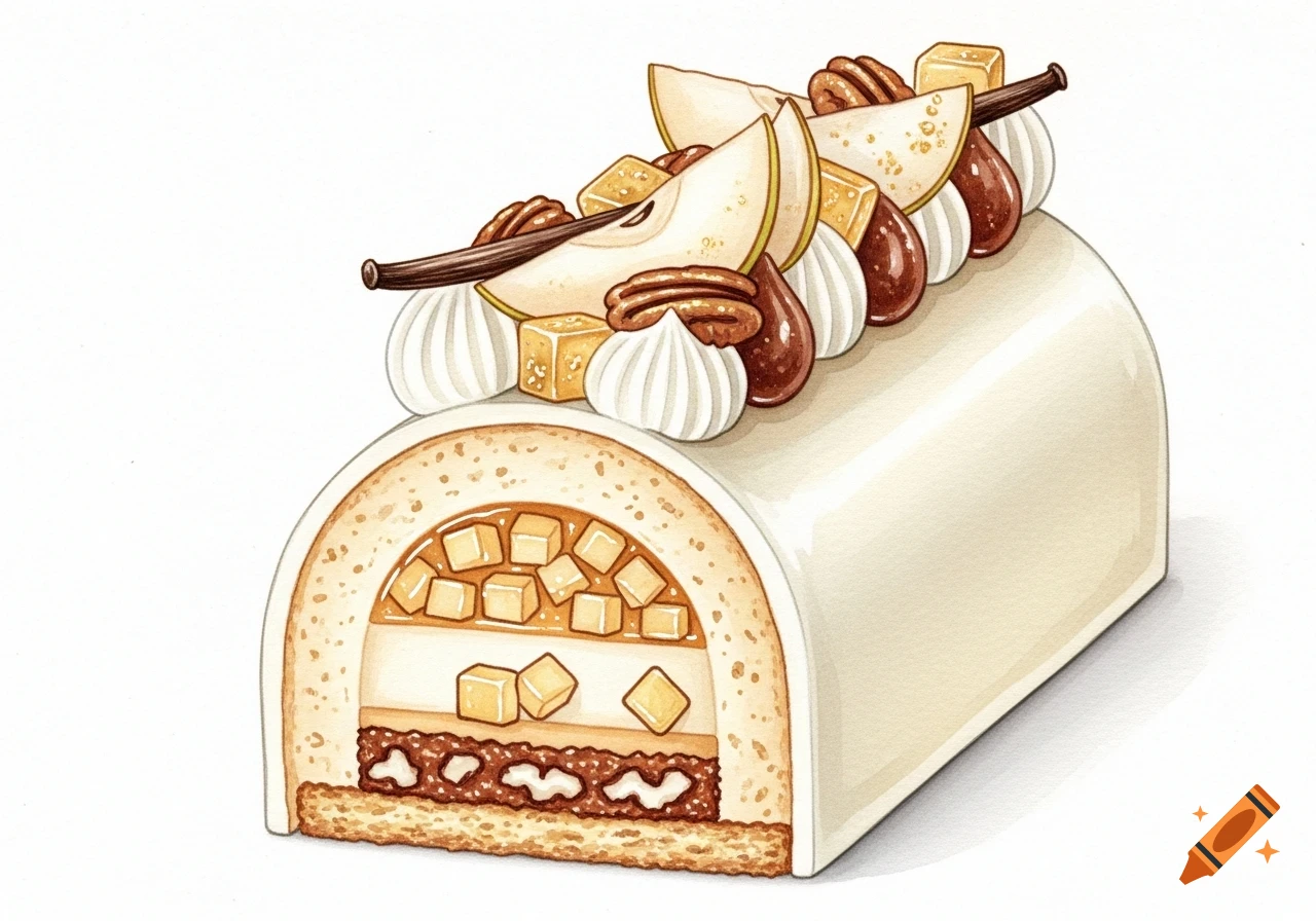 Watercolor illustration of a sophisticated cross-section log cake with ...