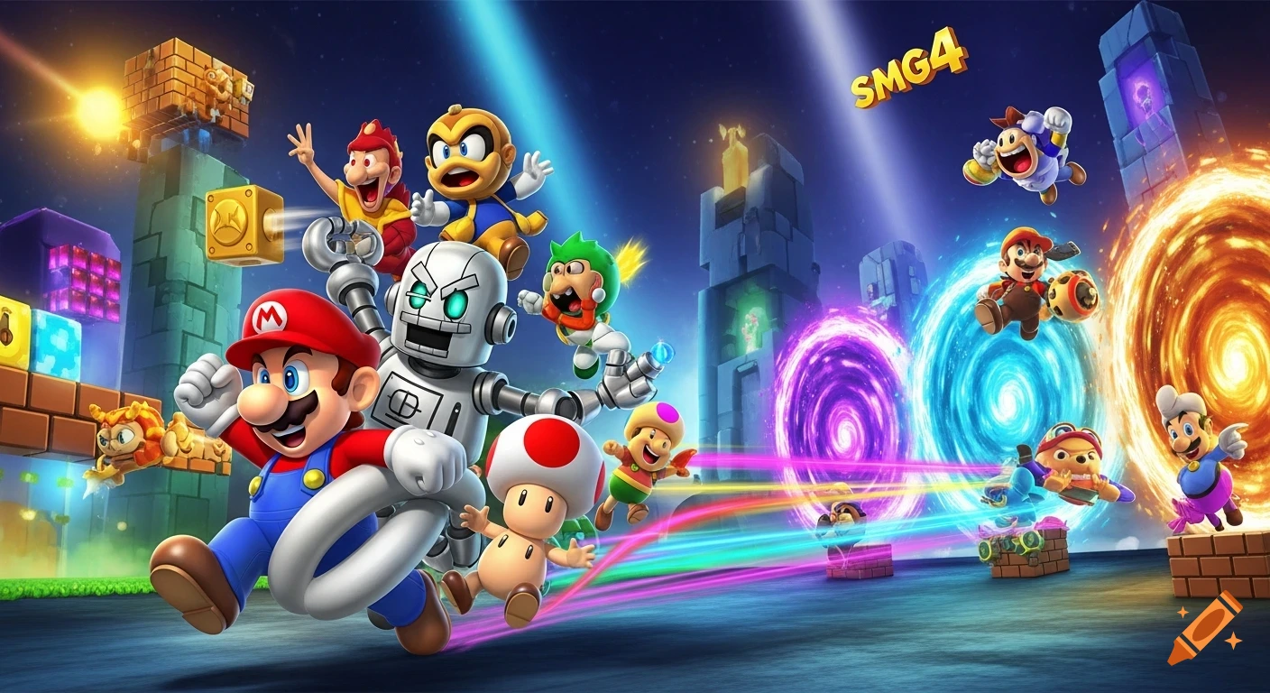 Mario, a robot, Toads, and various cartoon characters are depicted in a ...