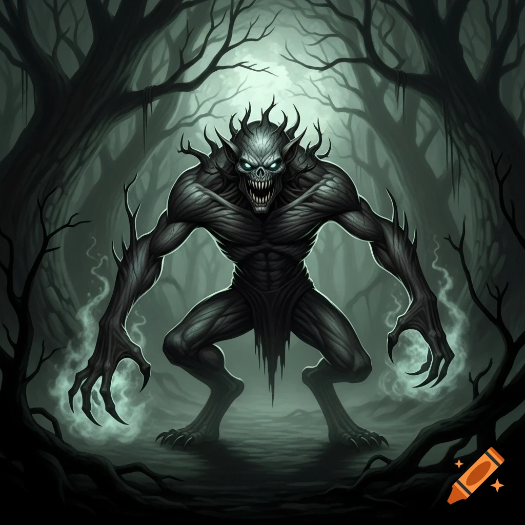 A monstrous ghoul with glowing blue eyes and sharp teeth stands in a ...