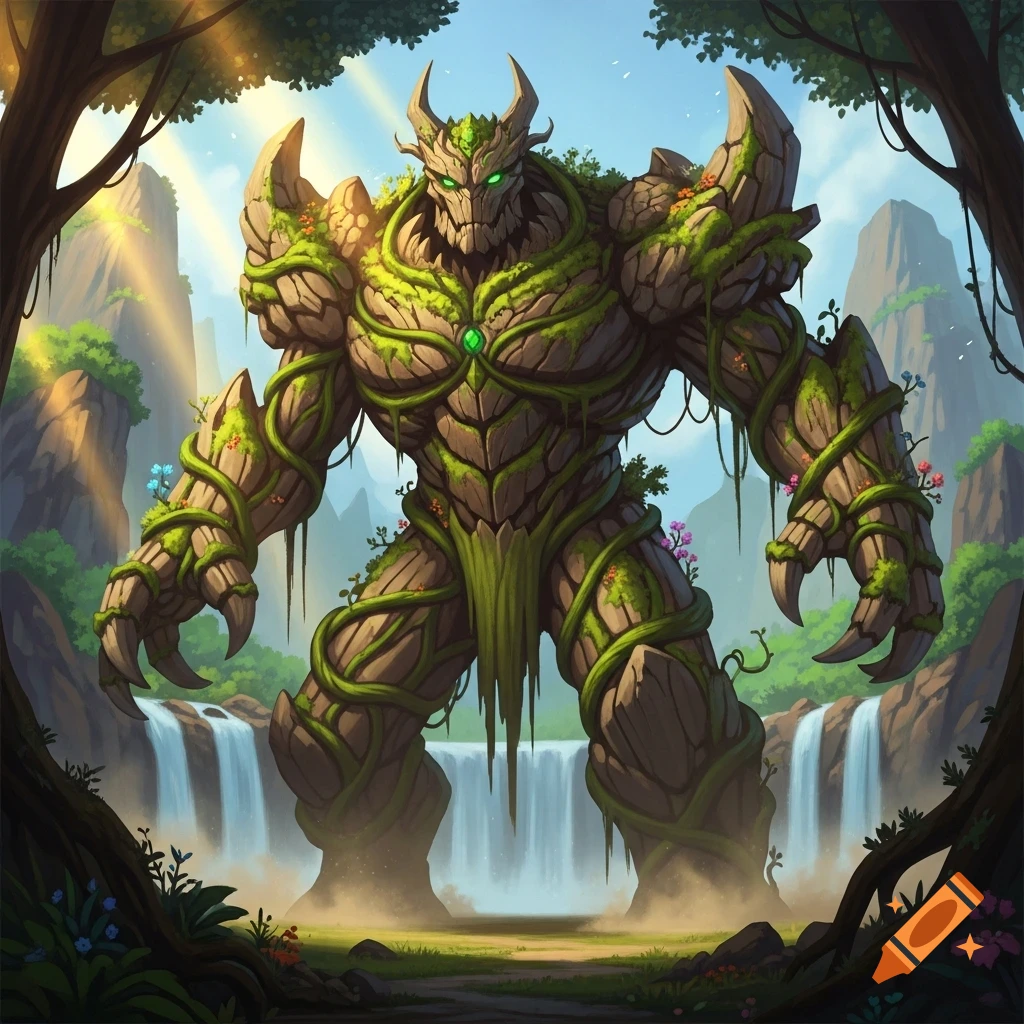 A formidable, moss-covered rock creature with glowing green eyes stands ...