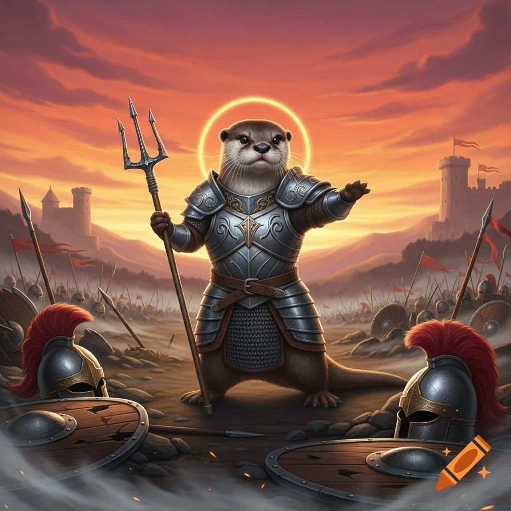 A majestic otter knight in shining armor holds a trident on a ...