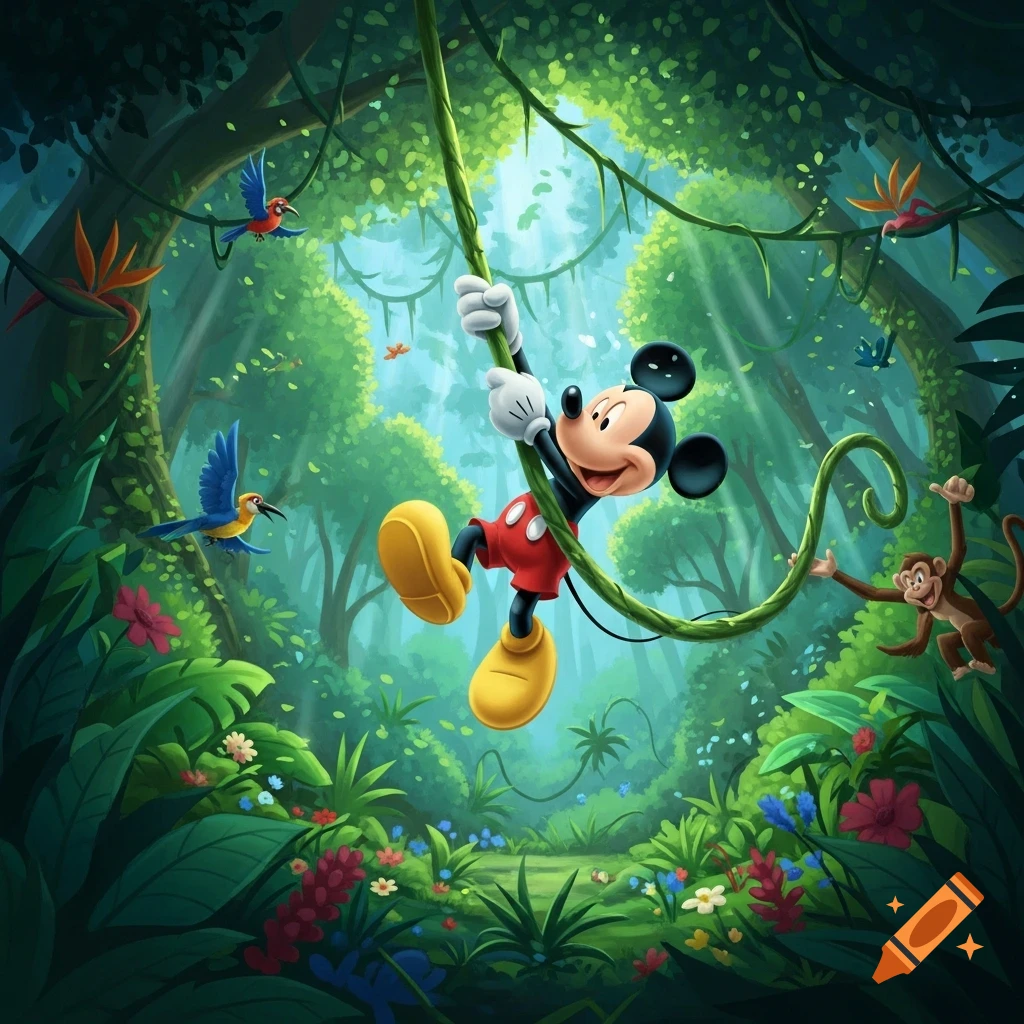 Mickey Mouse joyfully swings on a thick green vine in a lush, vibrant ...