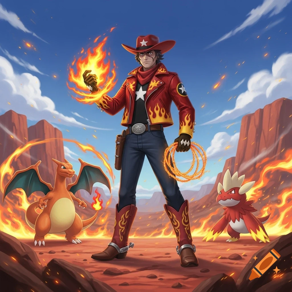A fire-wielding cowboy gym leader stands between Charizard and another ...