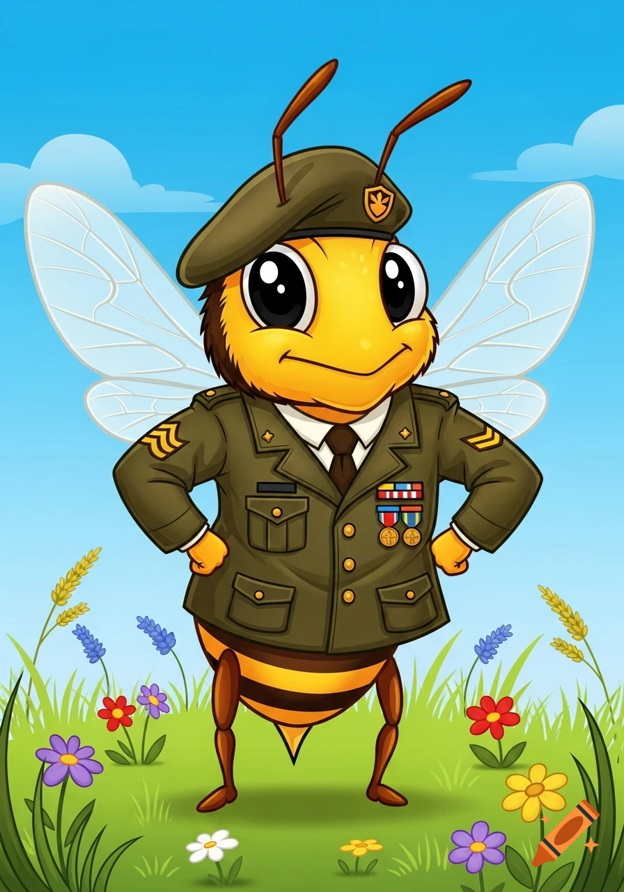 A cheerful cartoon bee wearing a green army uniform and beret, standing ...